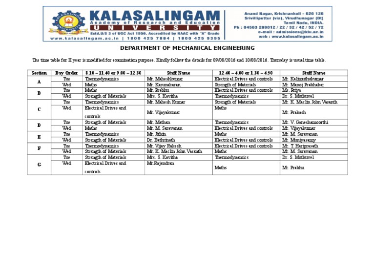 Mechanical Engg Exam Timetable | PDF