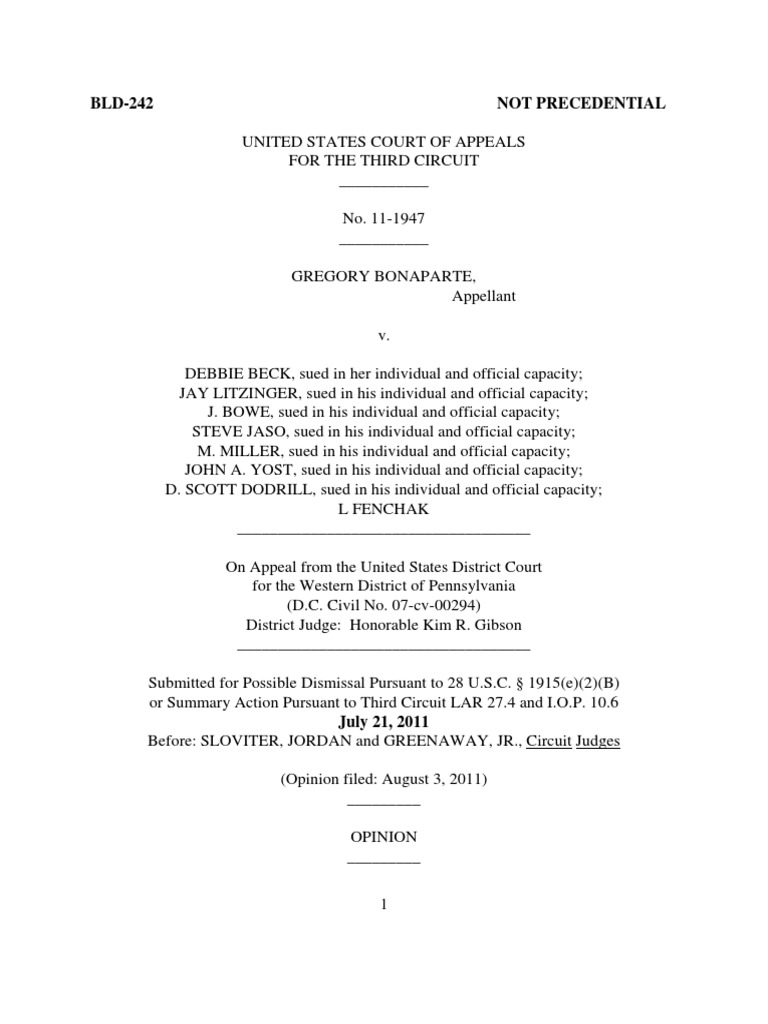 Gregory Bonaparte v. Debbie Beck, 3rd Cir. (2011) | PDF | Summary ...
