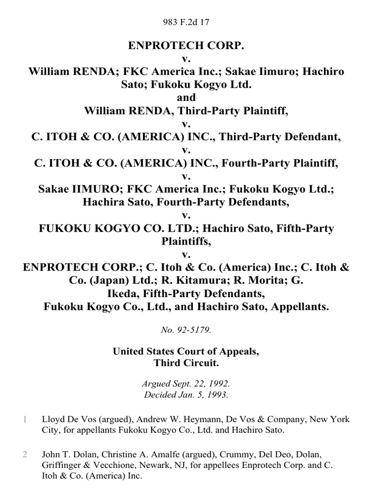 Enprotech Corp. v. William Renda Fkc America Inc. Sakae Iimuro Hachiro ...