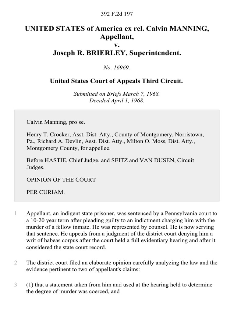 United States of America Ex Rel. Calvin Manning v. Joseph R. Brierley ...