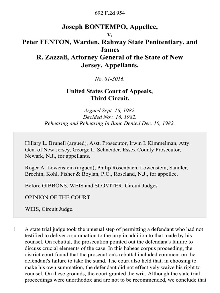 Joseph Bontempo v. Peter Fenton, Warden, Rahway State Penitentiary, and ...