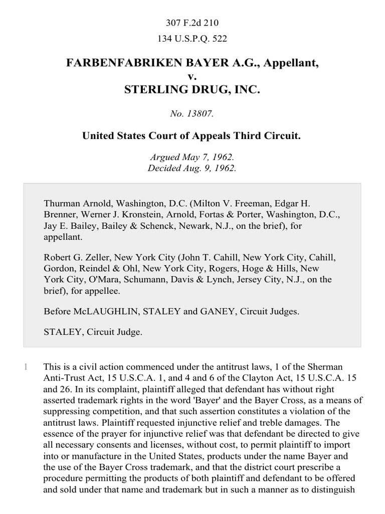 Farbenfabriken Bayer A.G. v. Sterling Drug, Inc, 307 F.2d 210, 3rd Cir ...