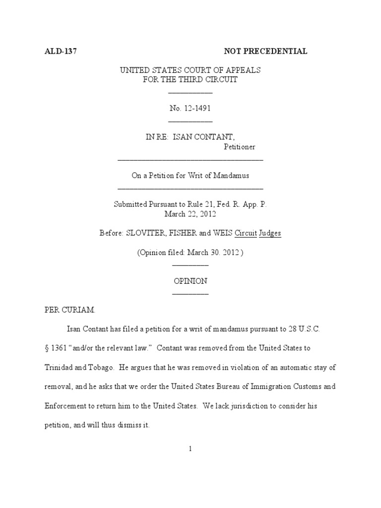 Isan Contant V., 3rd Cir. (2012) | PDF | Mandamus | United States ...