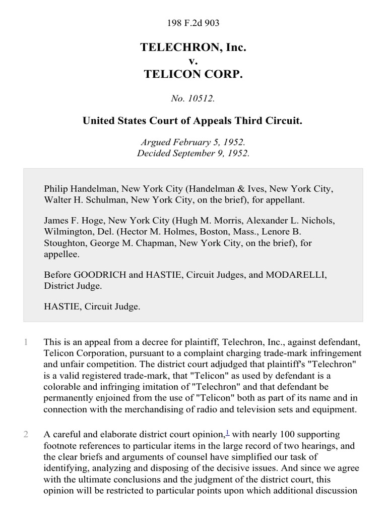 Telechron, Inc. v. Telicon Corp, 198 F.2d 903, 3rd Cir. (1952) | PDF ...