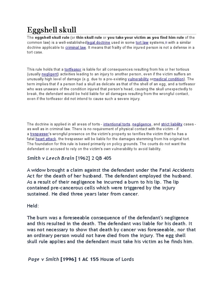 Eggshell Skull: Smith V Leech Brain (1962) 2 QB 405 | PDF | Tort ...
