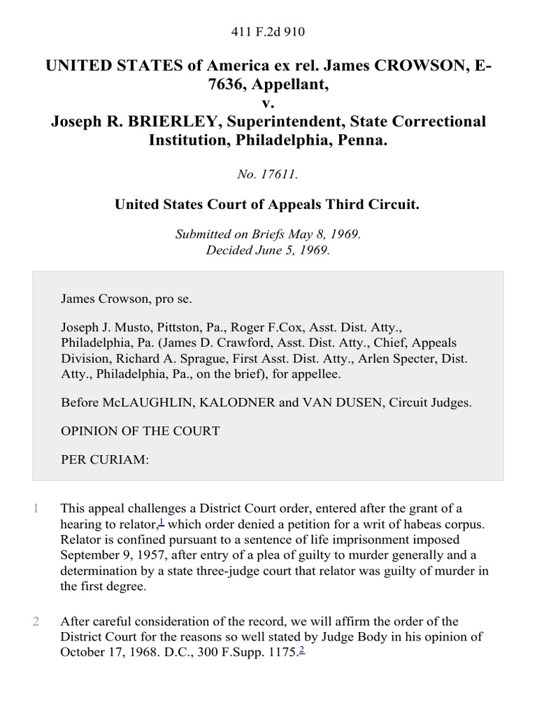 United States of America Ex Rel. James Crowson, E-7636 v. Joseph R ...