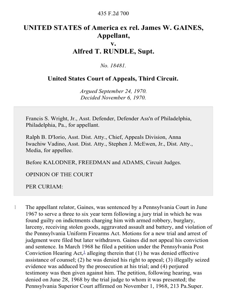 United States of America Ex Rel. James W. Gaines v. Alfred T. Rundle ...