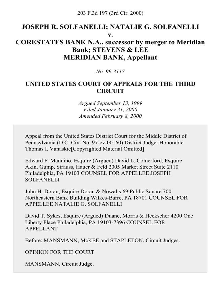 Joseph R. Solfanelli Natalie G. Solfanelli v. CORESTATES BANK N.A ...