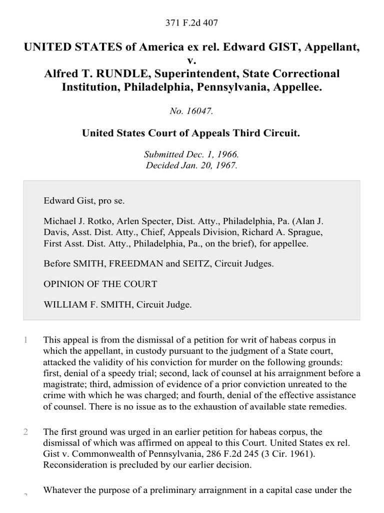 United States of America Ex Rel. Edward Gist v. Alfred T. Rundle ...