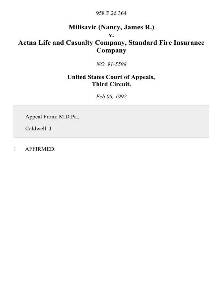 Milisavic (Nancy, James R.) v. Aetna Life and Casualty Company ...