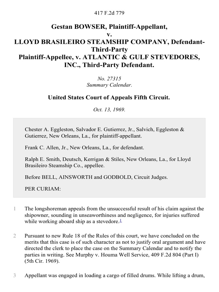 Gestan Bowser v. Lloyd Brasileiro Steamship Company, Defendant-Third-Party v. Atlantic & Gulf ...