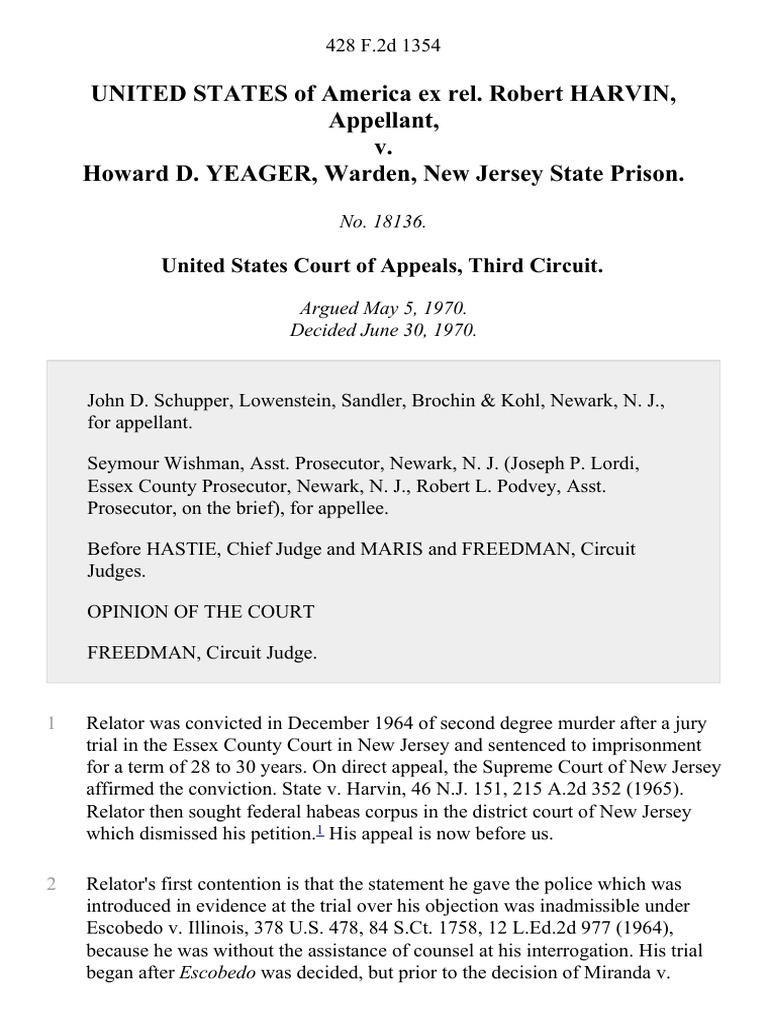 United States of America Ex Rel. Robert Harvin v. Howard D. Yeager ...