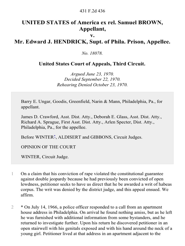 United States of America Ex Rel. Samuel Brown v. Mr. Edward J. Hendrick ...