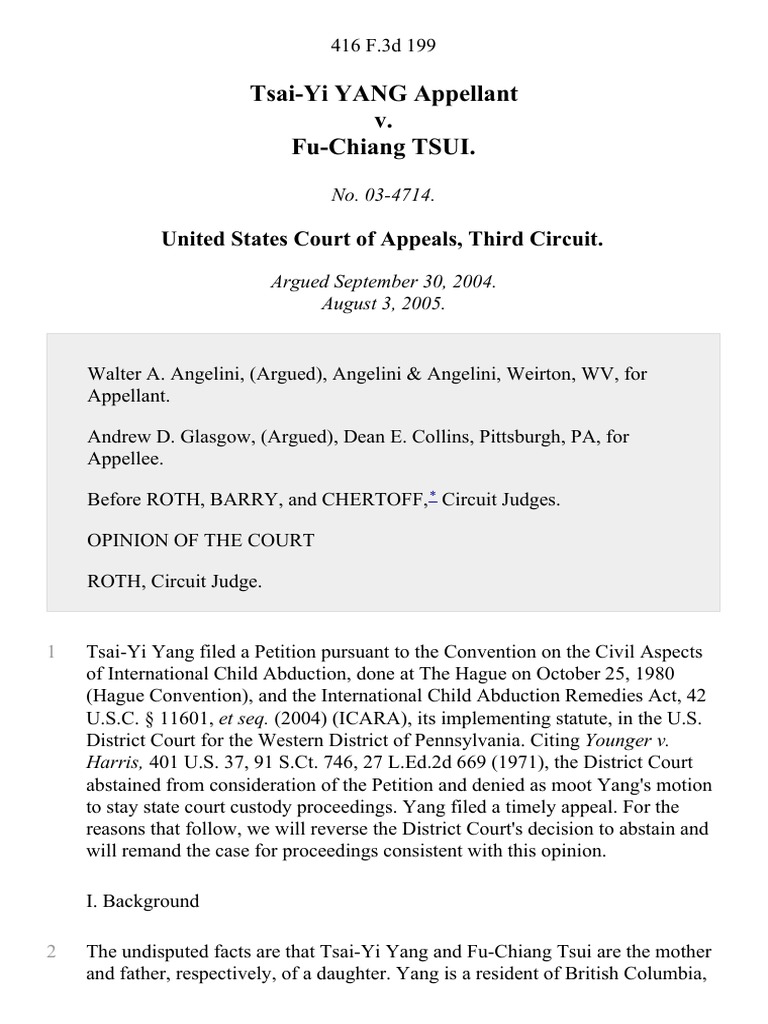 Tsai-Yi Yang v. Fu-Chiang Tsui, 416 F.3d 199, 3rd Cir. (2005) | PDF | Abstention Doctrine ...