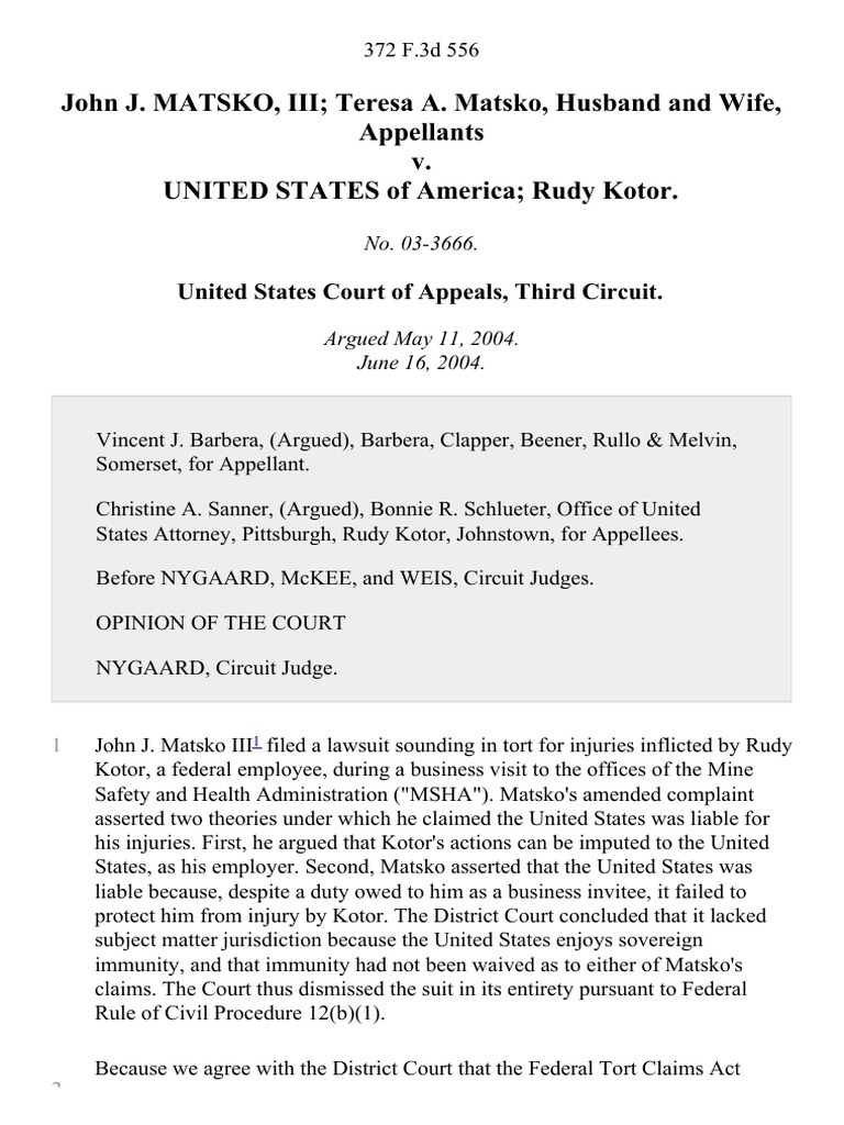 Matsko v. United States: FTCA Sovereign Immunity | PDF | Sovereign ...