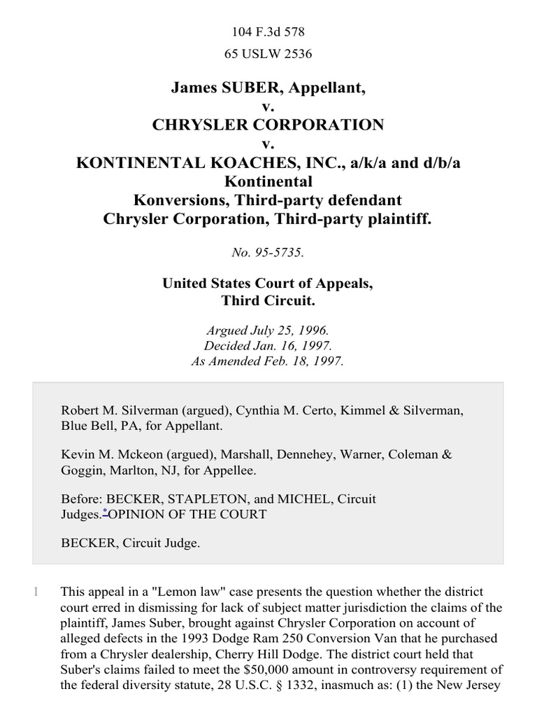 James Suber v. Chrysler Corporation v. Kontinental Koaches, Inc., A/K/A ...