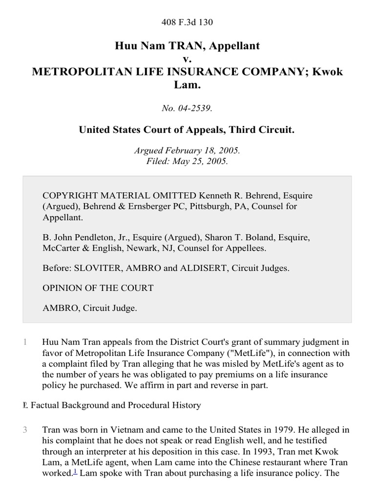 Huu Nam Tran v. Metropolitan Life Insurance Company Kwok Lam, 408 F.3d ...