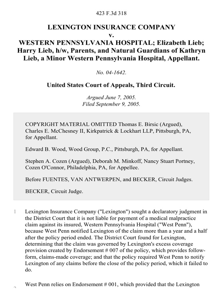 Lexington Insurance Company v. Western Pennsylvania Hospital Elizabeth ...