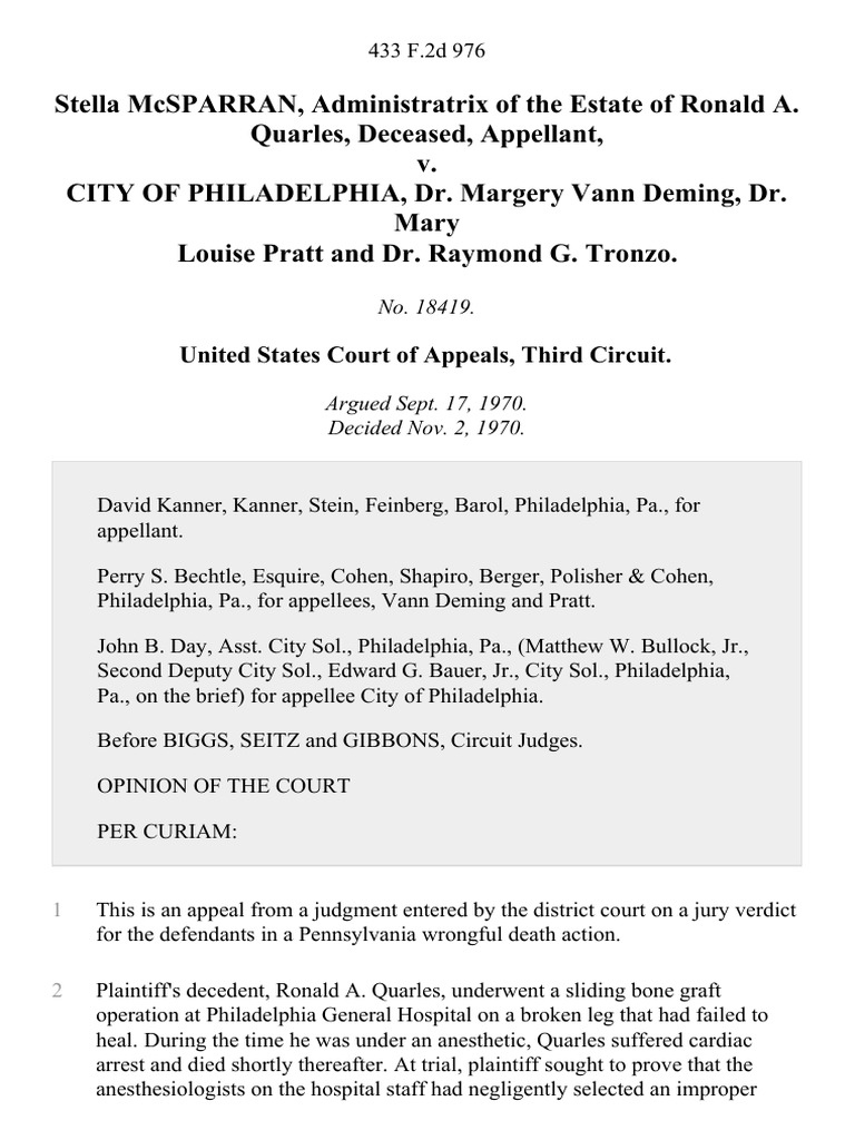 Stella McSparran Administratrix of the Estate of Ronald A. Quarles ...