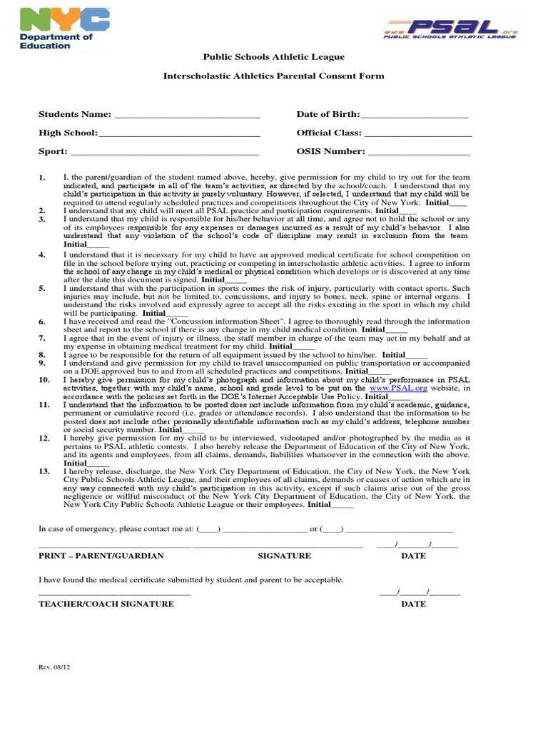 Parental Consent Form for Student Participation in Interscholastic Athletics | PDF | Consent ...