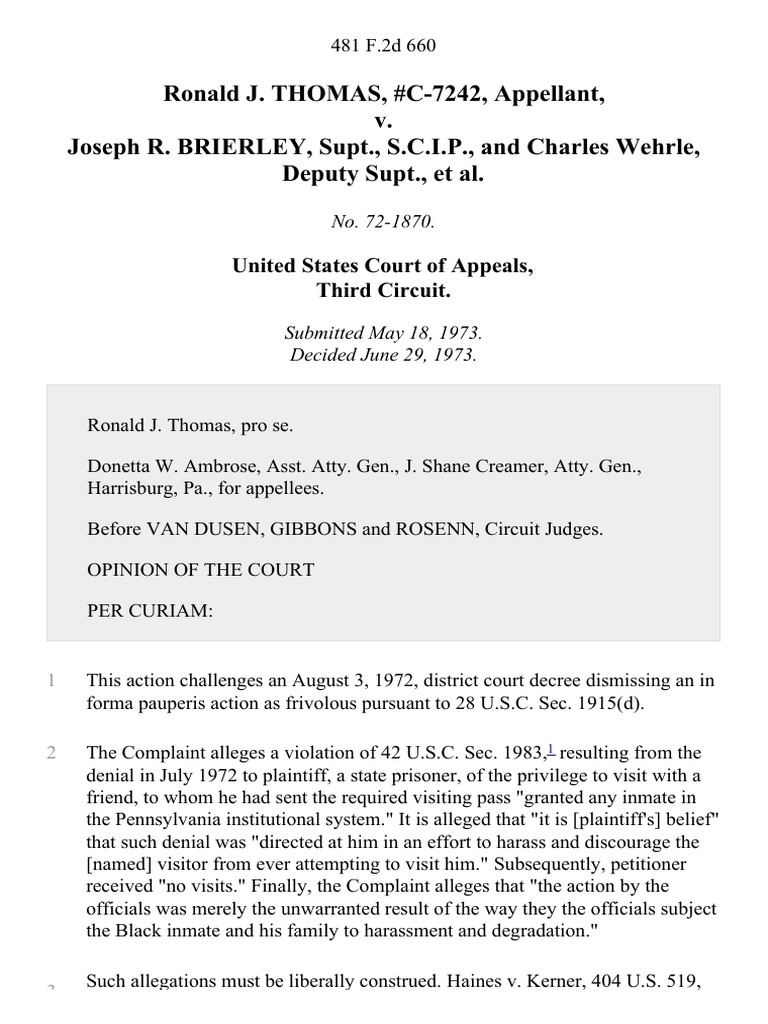 Ronald J. Thomas, C-7242 v. Joseph R. Brierley, Supt., S.C.I.P., and ...