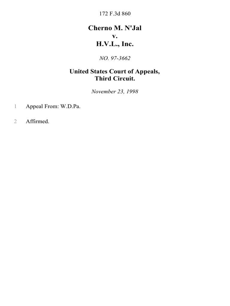Cherno M. N'jal v. H.V.L., Inc, 172 F.3d 860, 3rd Cir. (1998) | PDF