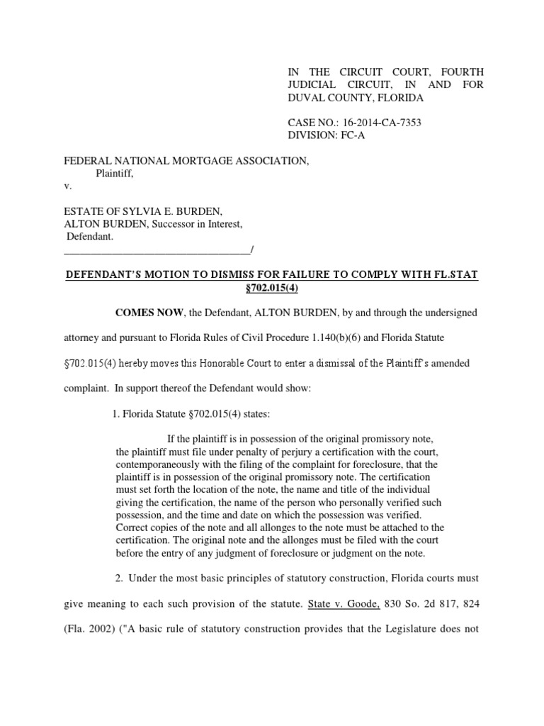 Motion To Dismiss 702 Certification | PDF | Complaint | Foreclosure