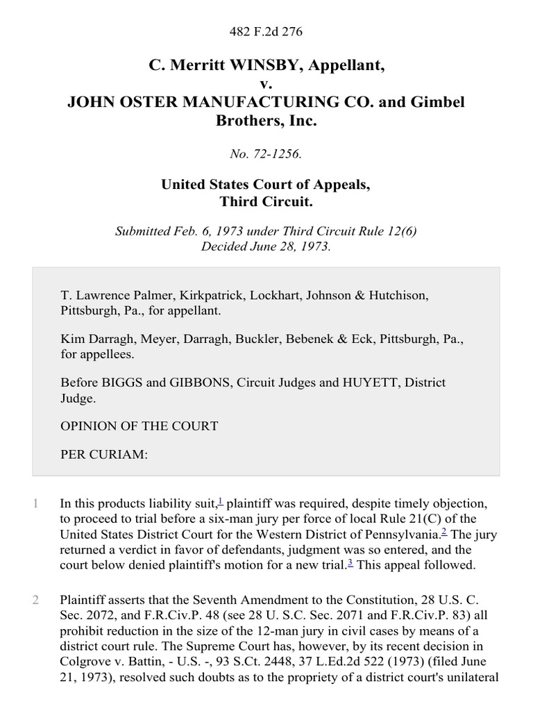 C. Merritt Winsby v. John Oster Manufacturing Co. and Gimbel Brothers ...