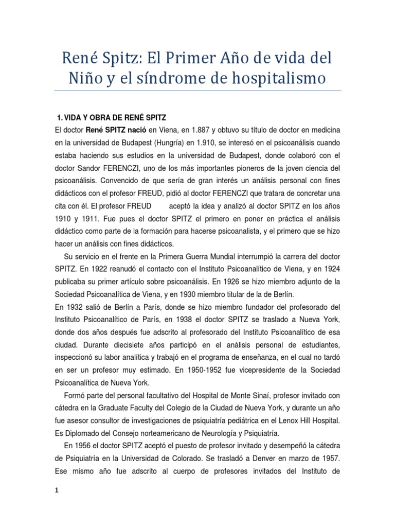 René Spitz y el Síndrome de Hospitalismo | PDF | Psicoanálisis | Percepción