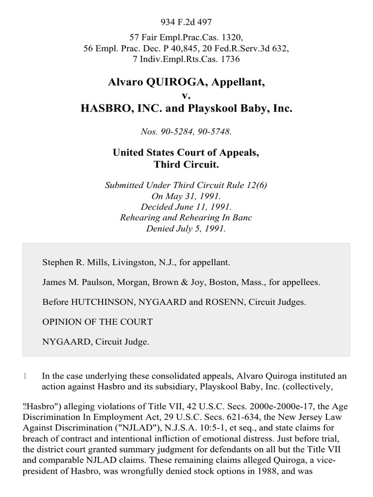 Alvaro Quiroga v. Hasbro, Inc. and Playskool Baby, Inc, 934 F.2d 497 ...