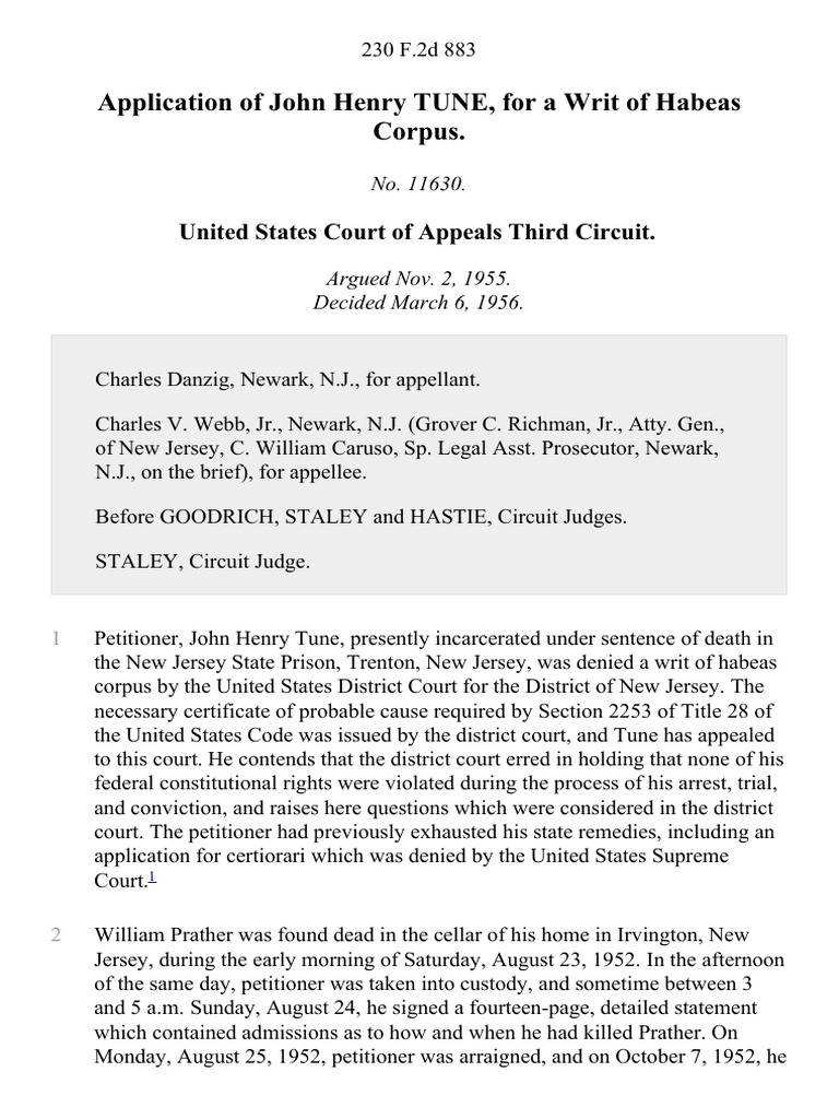 Application of John Henry TUNE, For A Writ of Habeas Corpus | PDF ... Application of John Henry TUNE, For A Writ of Habeas Corpus | PDF ...