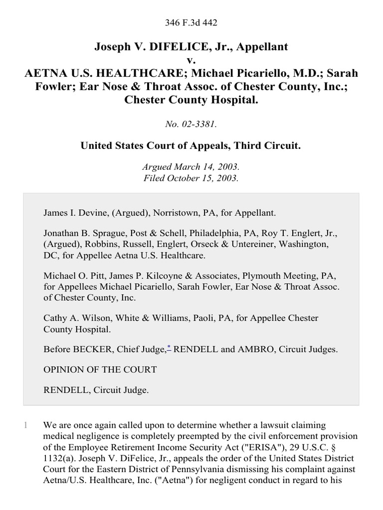 Joseph v. Difelice, Jr. v. Aetna U.S. Healthcare Michael Picariello, M ...