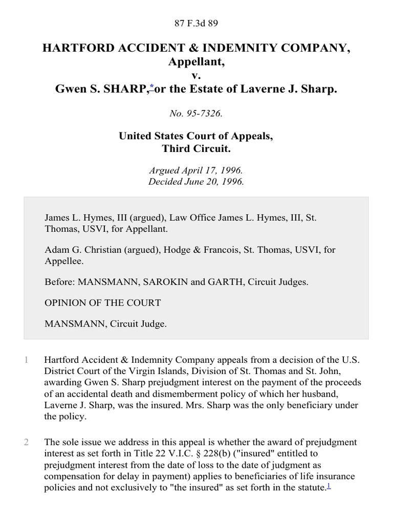 Hartford Accident & Indemnity Company v. Gwen S. Sharp, or The Estate ...