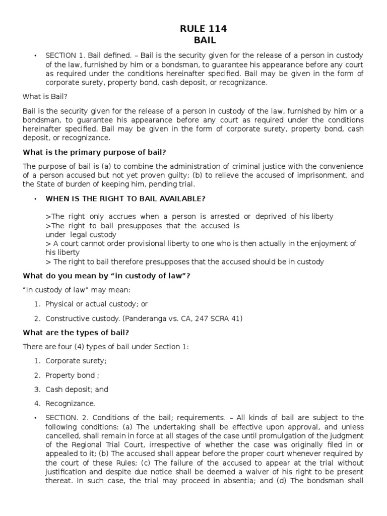 RULE 114 Bail: What Is The Primary Purpose of Bail? | PDF