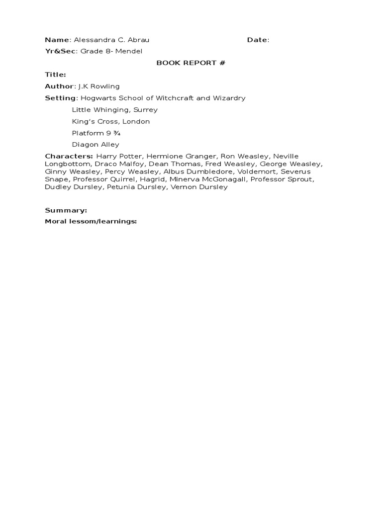 Grade 8 Book Report on Harry Potter | PDF