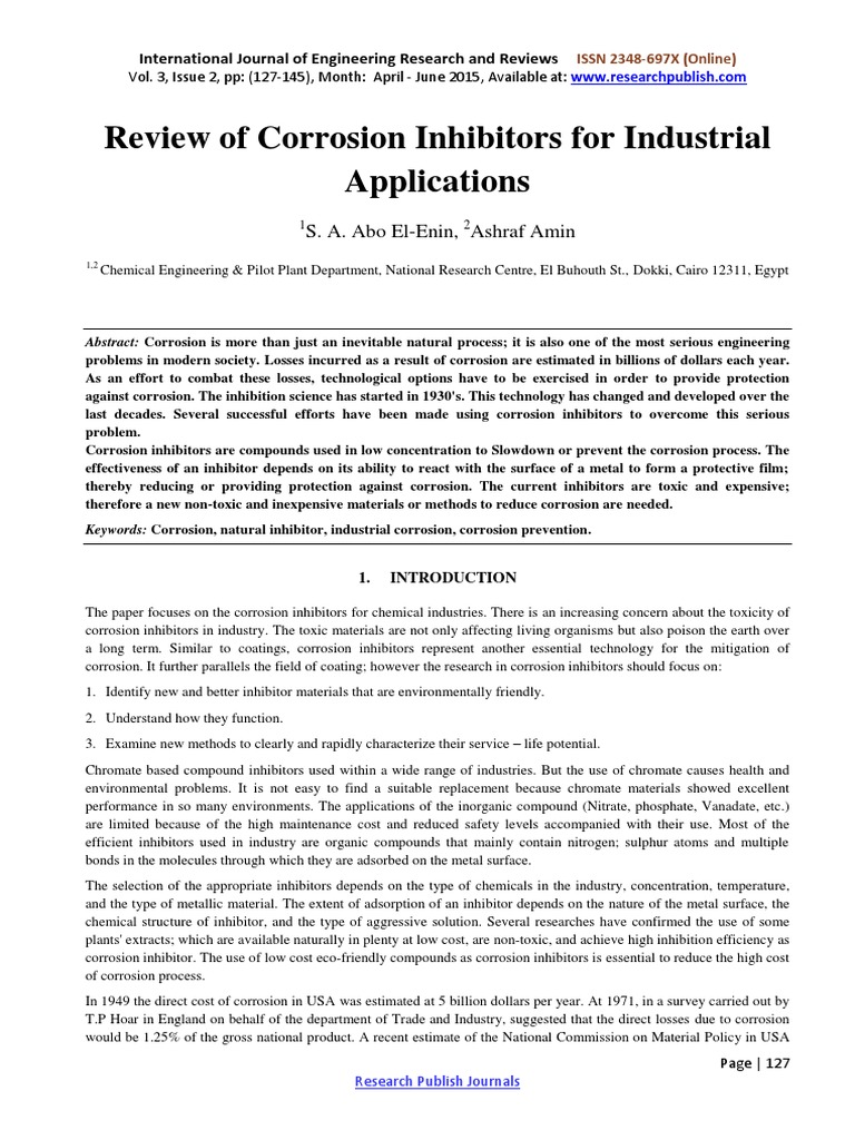 Review of Corrosion Inhibitors For Industrial Applications-1903 | PDF ...