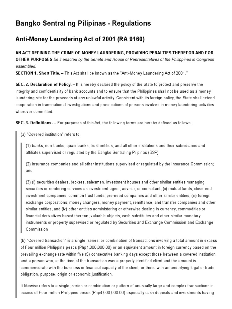 Bangko Sentral NG Pilipinas Regulations: Anti Money Laundering Act of ...