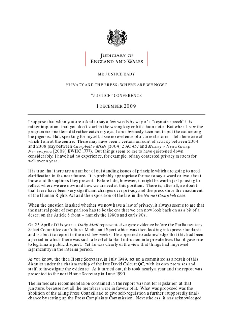 MR Justice Eady - Privacy and The Press: Where Are We Now? | PDF ...