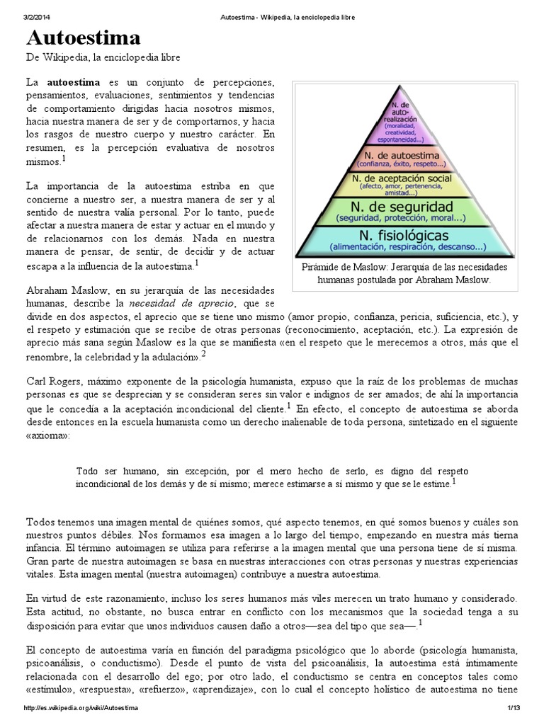 Autoestima - Wikipedia, La Enciclopedia Libre | PDF | Amor | Narcisismo