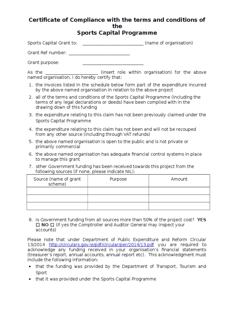 Certificate of Compliance With The Terms and Conditions of The Sports ...