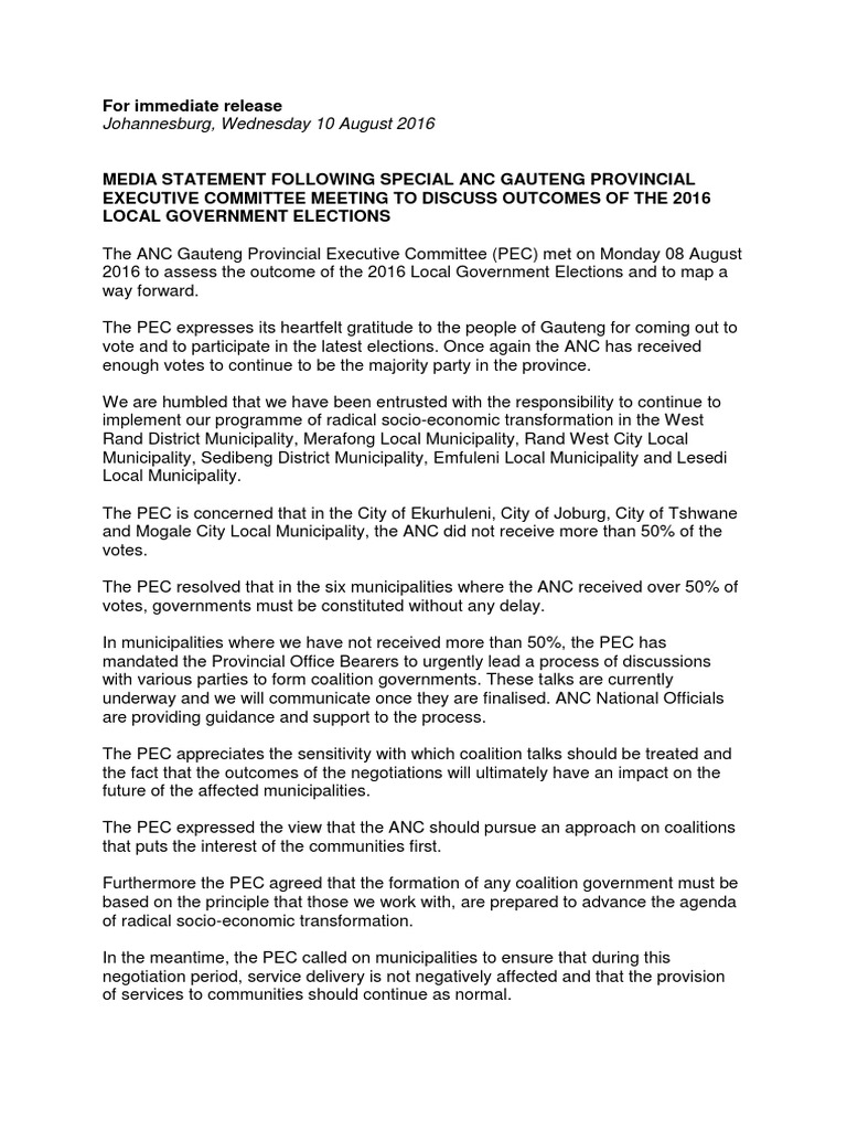 ANC PEC Statement | PDF | African National Congress | Negotiation