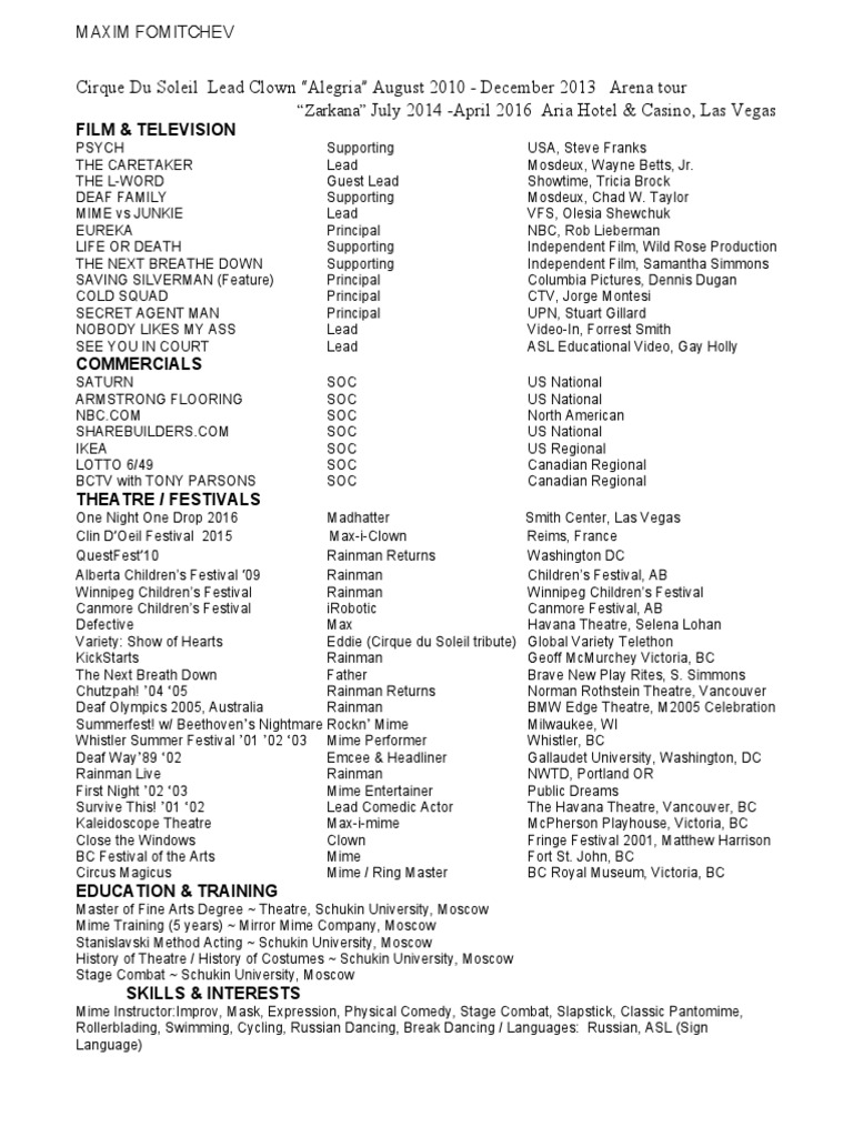 Maxim Fomitchev: Clown, Actor, Mime | PDF | Art