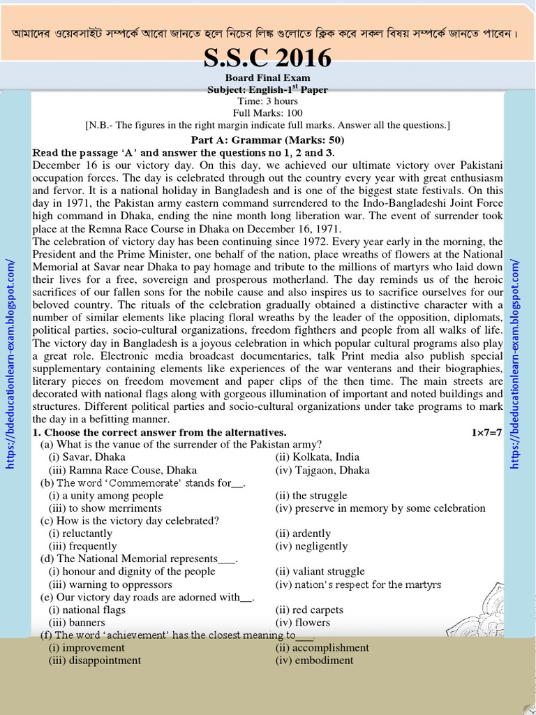 SSC 2016 Board Question (English 1st Paper) | PDF | Unrest