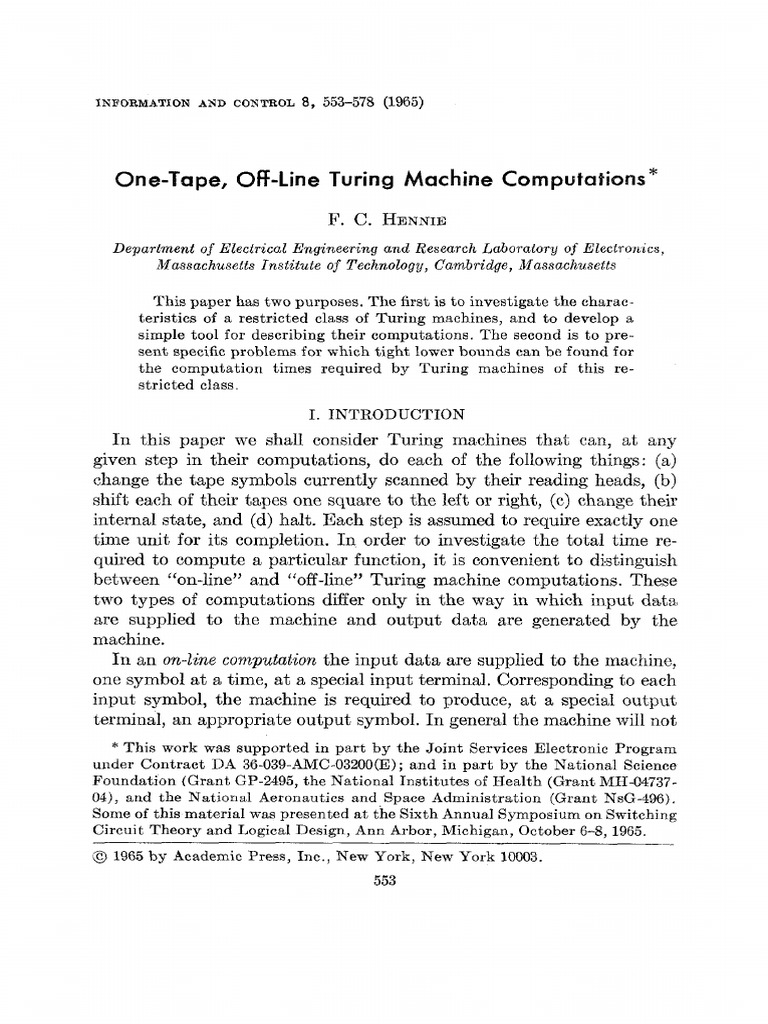 R - One-Tape, Off-Line Turing Machine Computations - Hennie PDF | PDF ...
