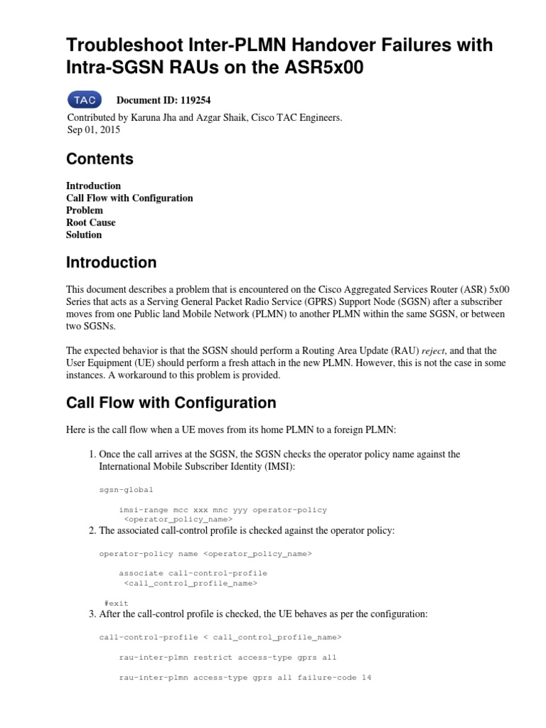 Troubleshoot Inter-Plmn Handover Failures With Intra-Sgsn Raus On The ...