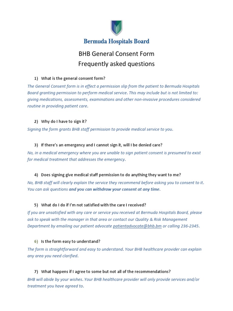 BHB General Consent Form Overview | PDF | Medical Record | Hospital