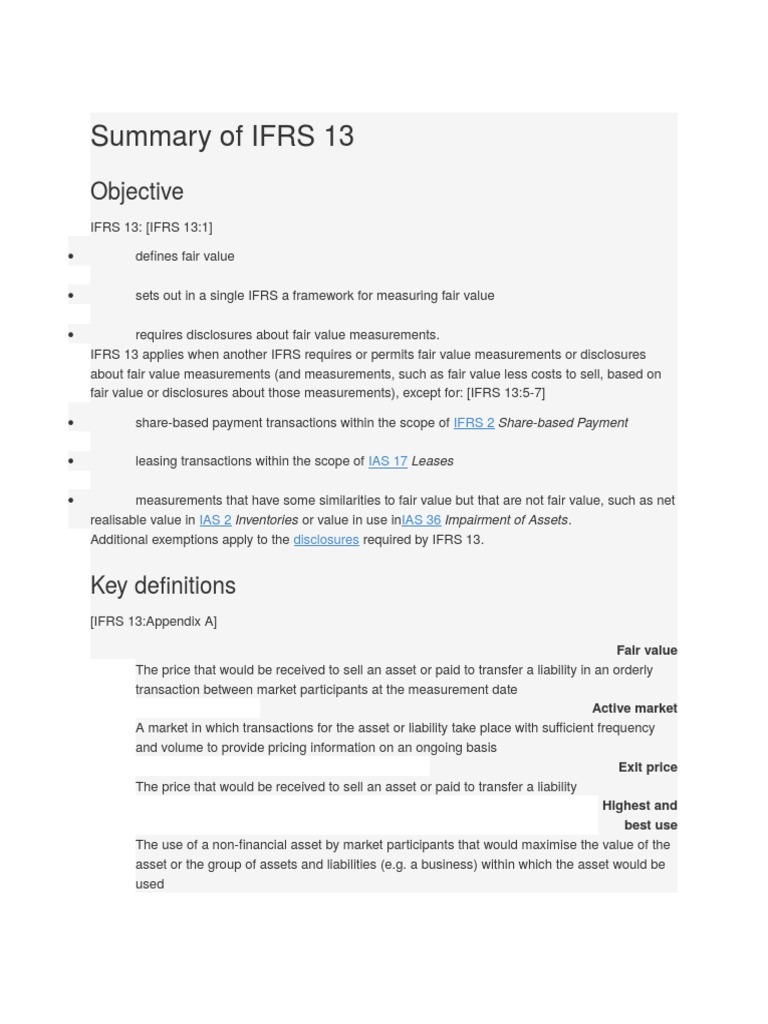Summary of IFRS 13 | Fair Value | Valuation (Finance)