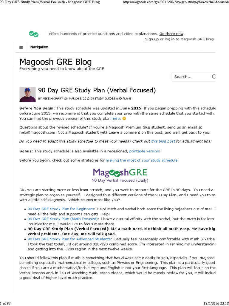90 Day GRE Study Plan (Verbal Focused) - Magoosh GRE Blog | PDF ...