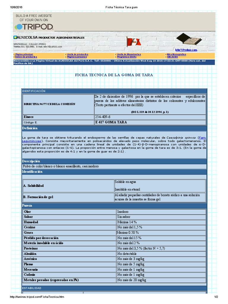 Ficha Técnica Tara Gum | Sustancias químicas | Química