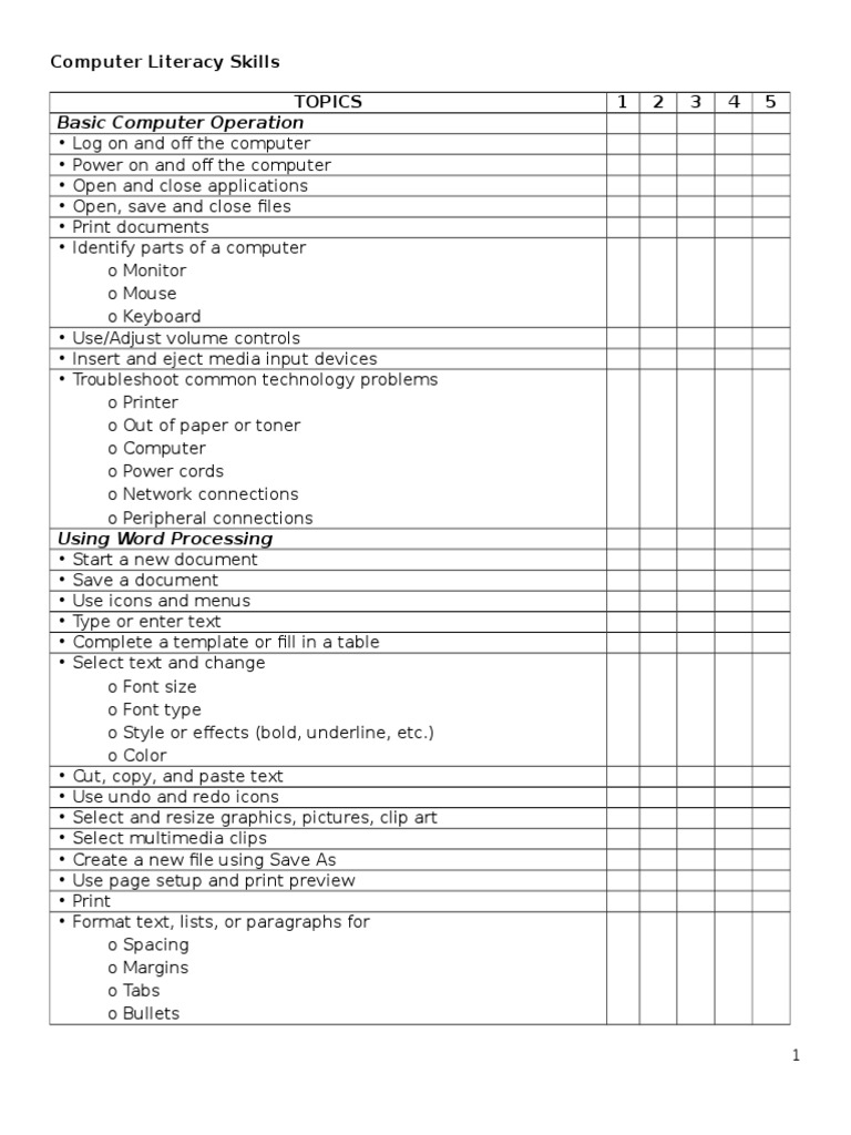 Computer Literacy Skills (Questionnaires) | Spreadsheet | Computer Keyboard